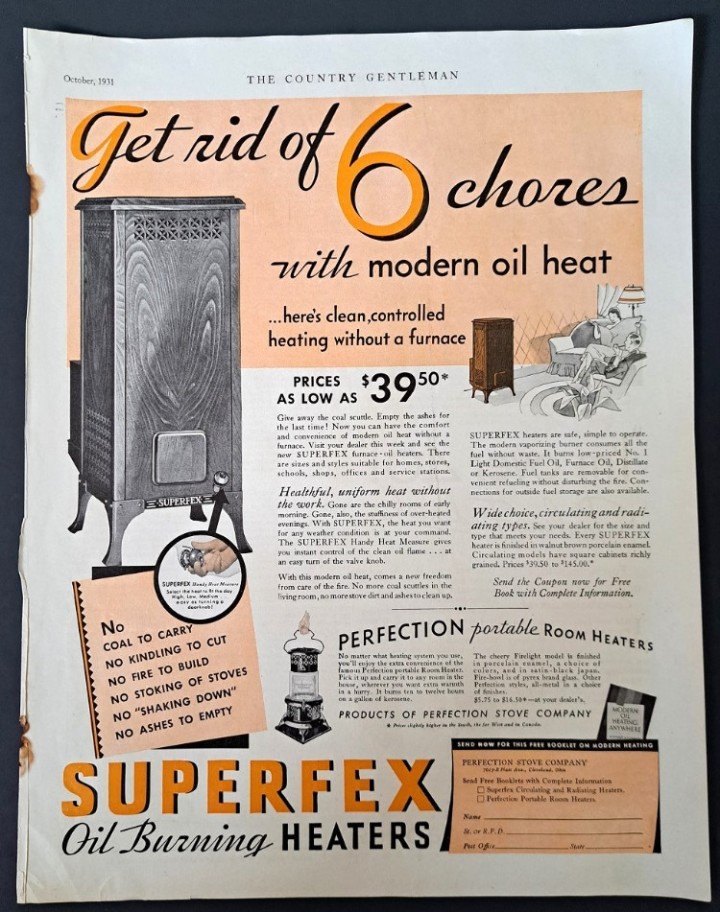 1931 Print Ad Superfex Oil Heat Oil Burning Heaters Give Away the Coal ...