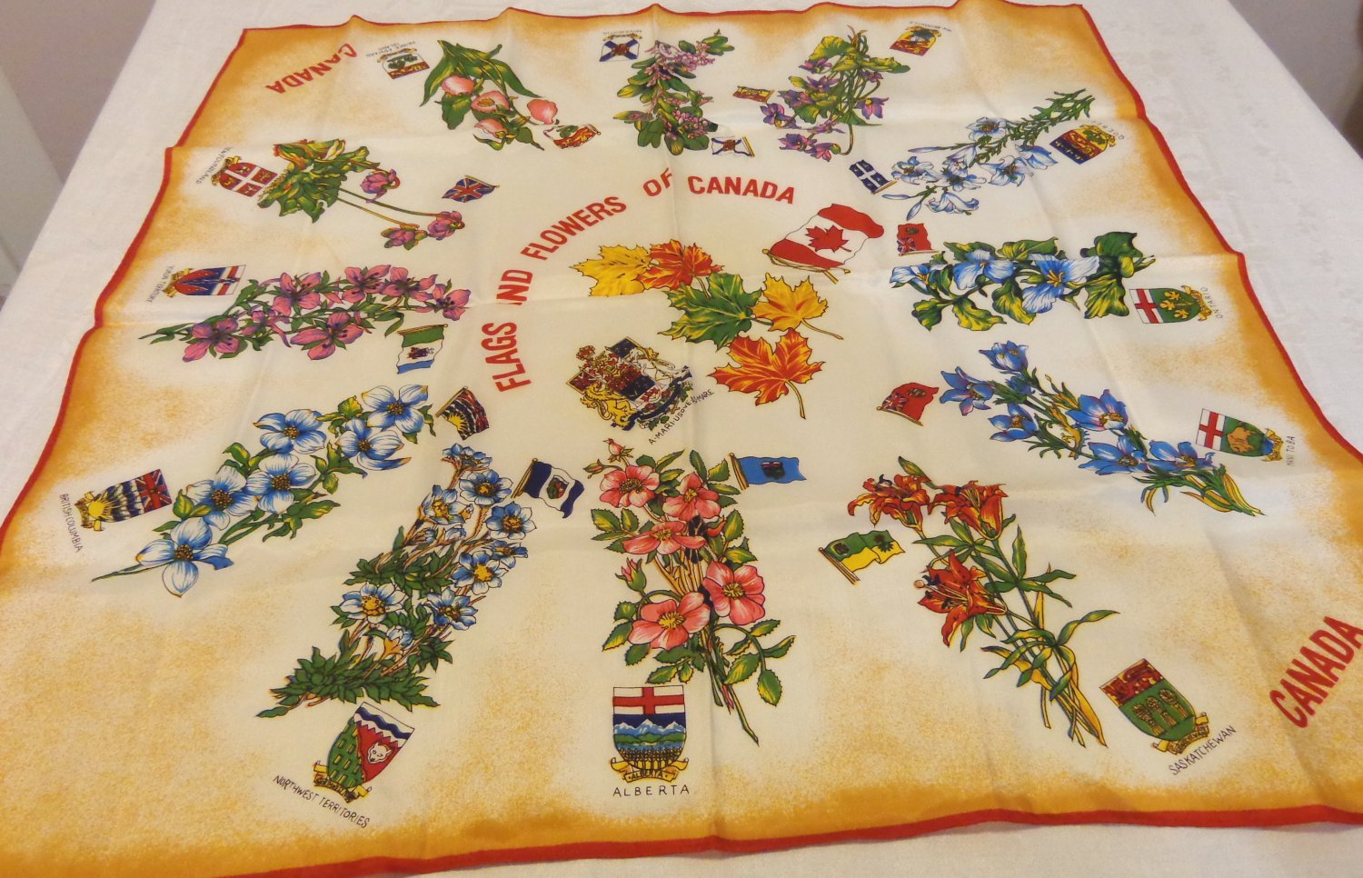 Provencial flags and flowers of Canada souvenir scarf vintage acetate ...