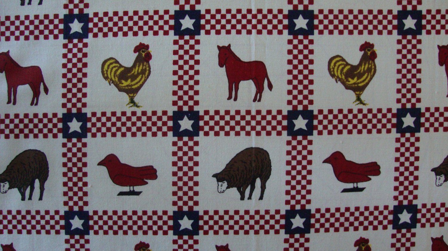 Farm Animals Red Gingham & Stars Quilt Blocks Cotton Quilting Fabric