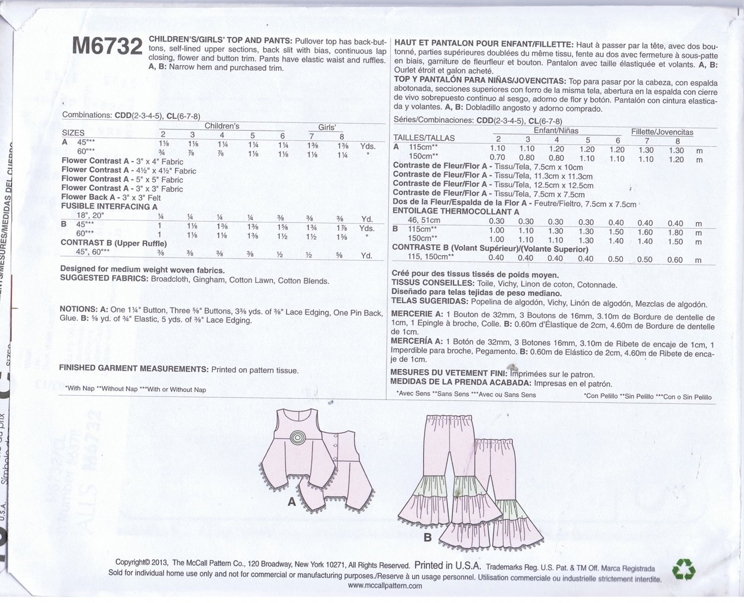 M6732 - McCalls - girls top and pants - size 6 - 8 - (T-Bla-L-16)