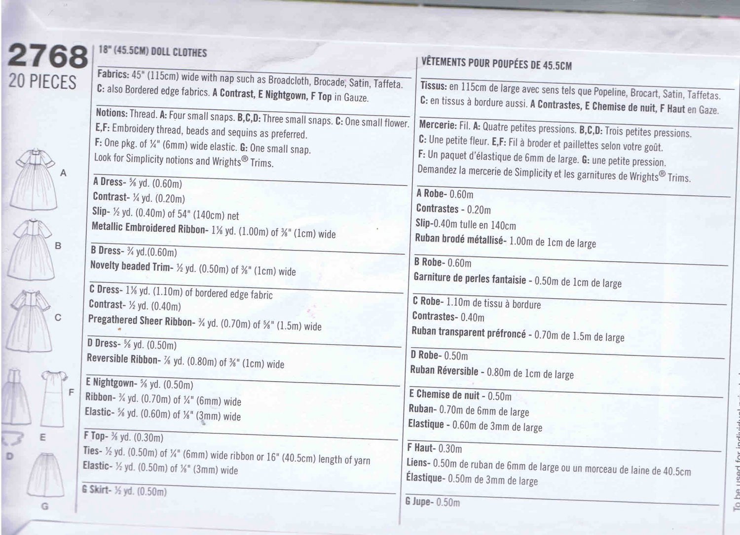 2768 - Simplicity - 18" Doll Clothes - (T-Bla-L-16)