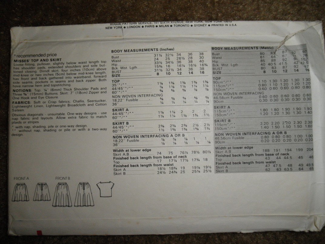 Vogue Sewing Pattern 8291 Misses' Size 10 Easy Top and Skirt Uncut