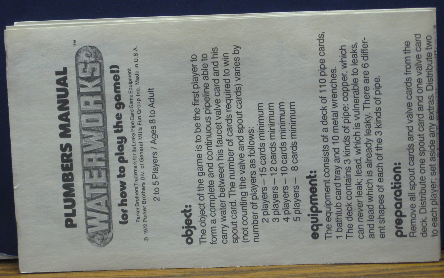 Waterworks Leaky Pipe Card Game - Parker Brothers - Open Box - 1972 Vintage