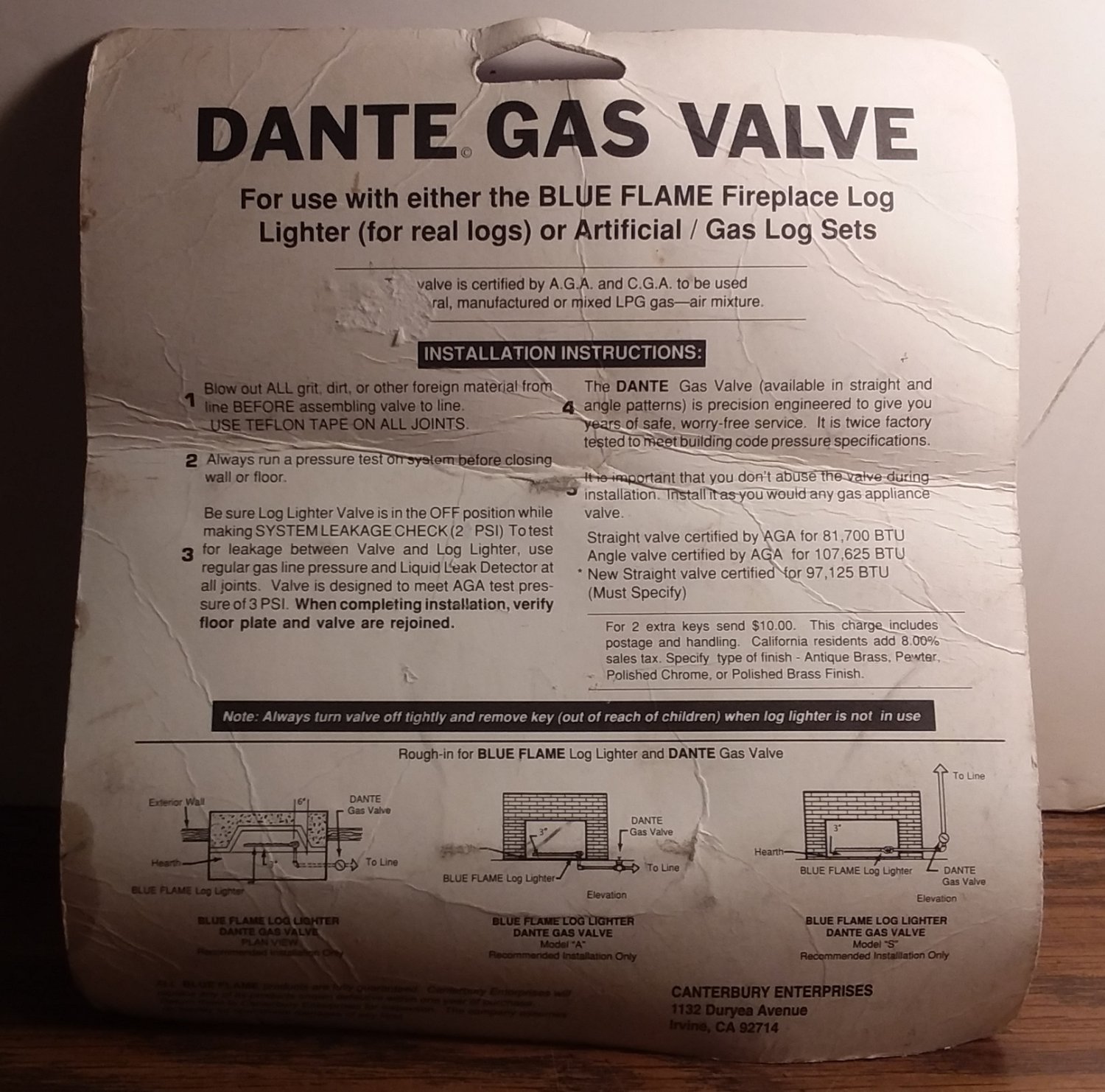 Blue Flame Dante Gas Valve for Fireplace Log Lighter VS-CM 81700 BTU ...