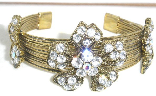 Stunning Sparkling Crystal Flowers Antique Gold Wire Cuff Bracelet BR31