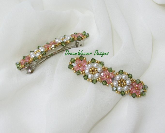 Swarovski Crystal & Pearl ~ Pink Flower Hair Barrette Set of 2 Barrettes