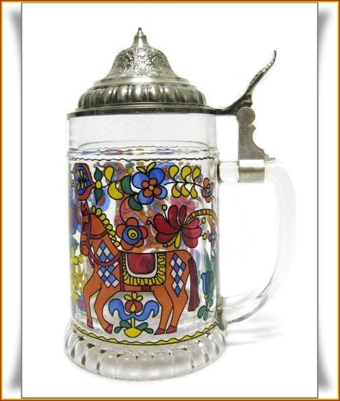 German Beer Stein BMF Stained Glass Horse Pewter Lid Vintage ...
