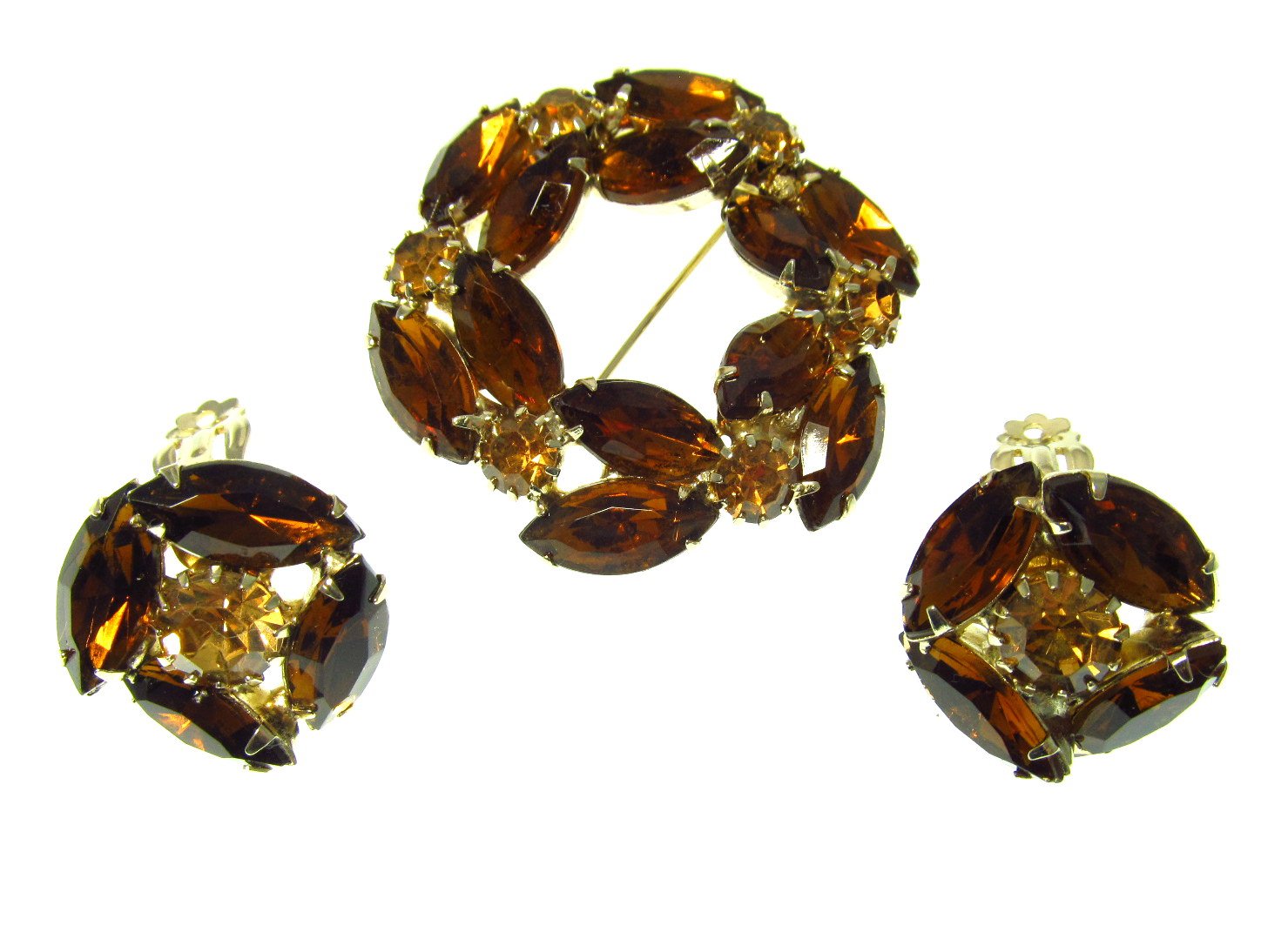 Weiss Brown Rhinestone Brooch Earrings Amber Root Beer Wreath Pin Clip ...