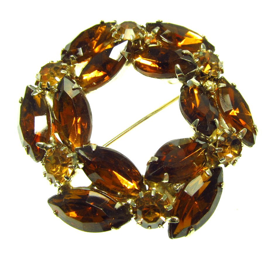 Weiss Brown Rhinestone Brooch Earrings Amber Root Beer Wreath Pin Clip ...
