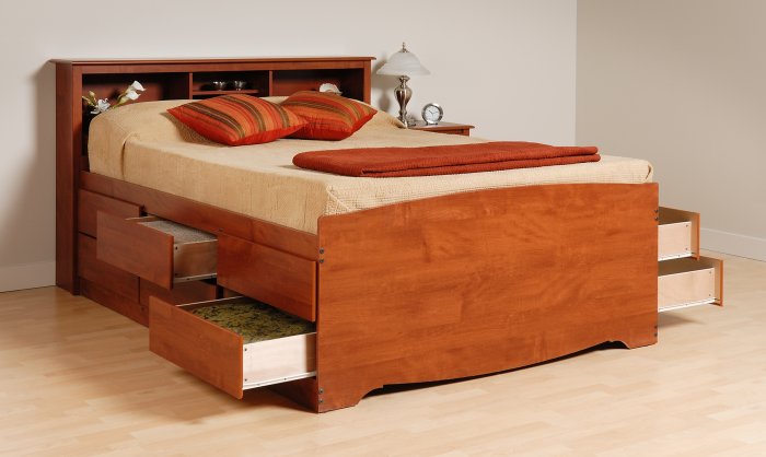 Cherry Queen Size 12 Drawer Platform Storage Bed + Queen Bookcase ...