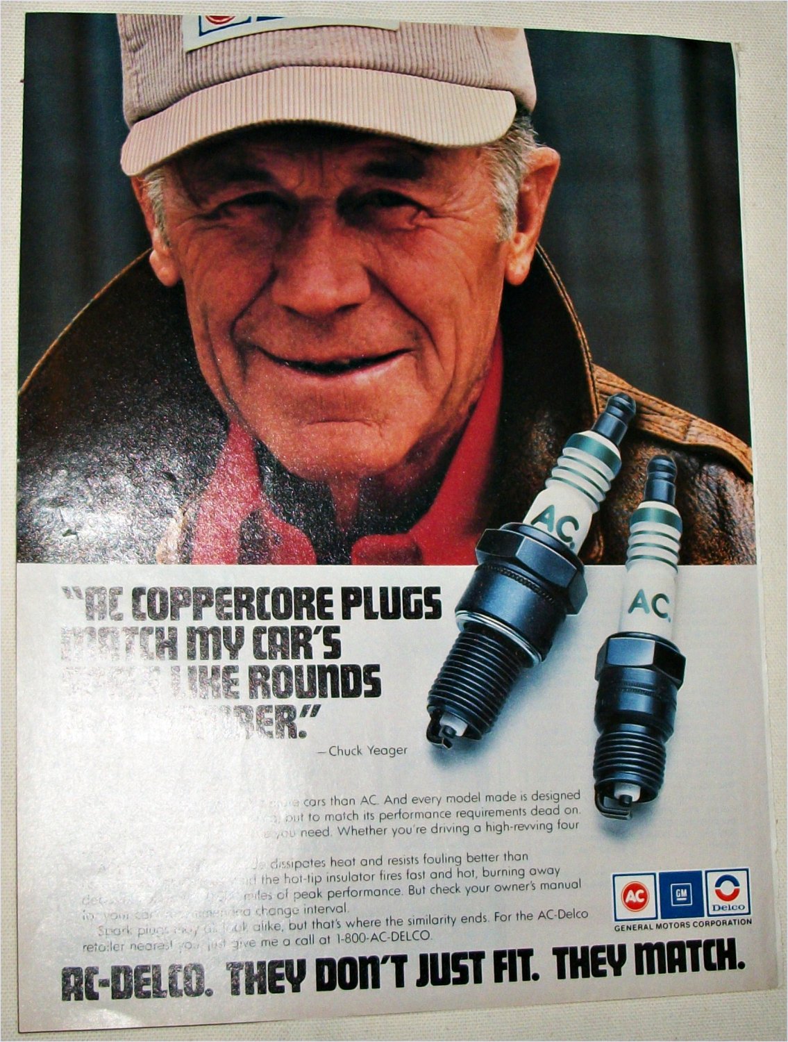 1990 AC Spark Plugs ad featuring Chuck Yeager