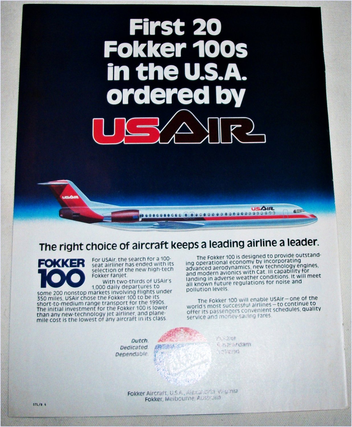 USAIR Fokker 100 Aircraft ad