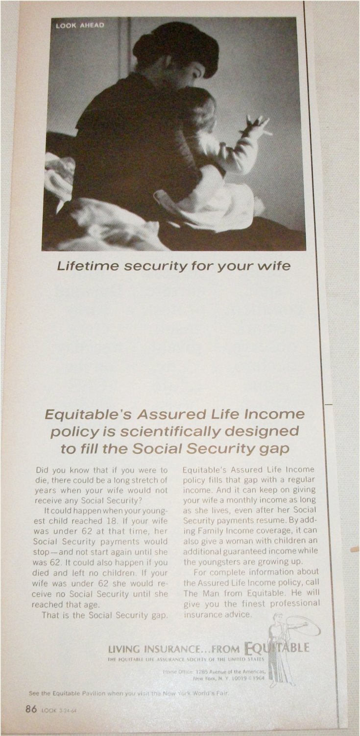 1964 Equitable Life Assurance Income Lifetime Security For Your Wife ad