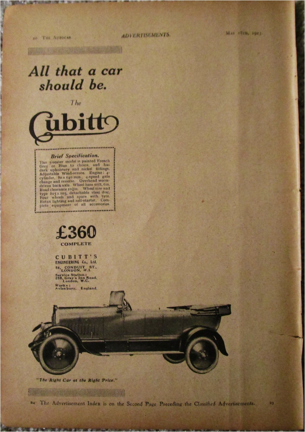 1923 Cubitt Touring car ad