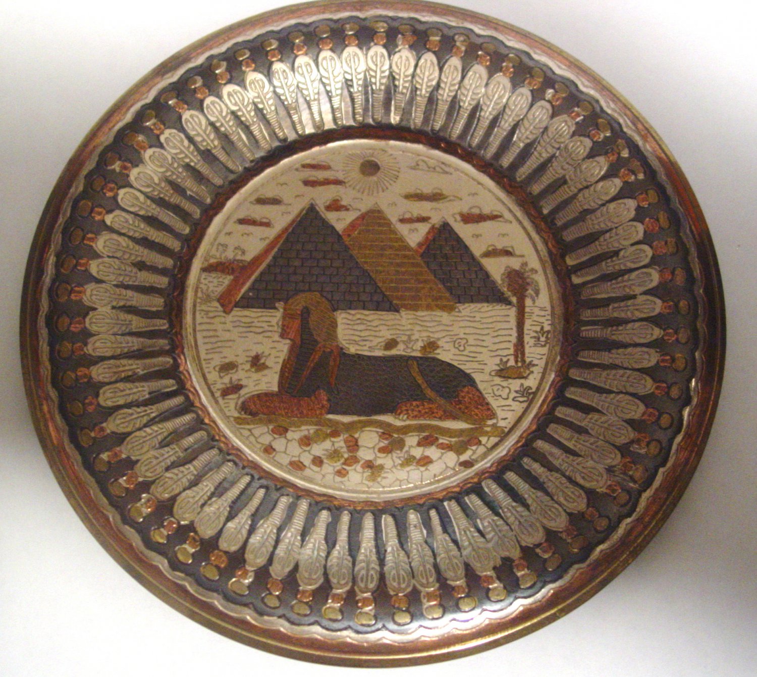 Egyptian Handmade Copper and Mixed Metals Plate with Hanger by Hosny Gomaa