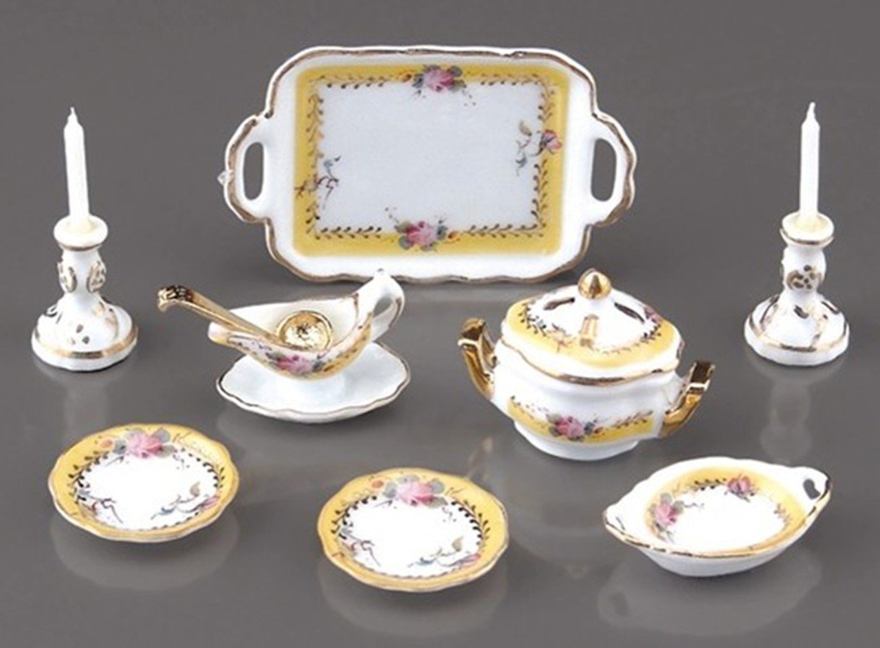 Dollhouse FRENCH ROSE DINNER SET Reutter Porcelain Miniature Dishes 1: ...