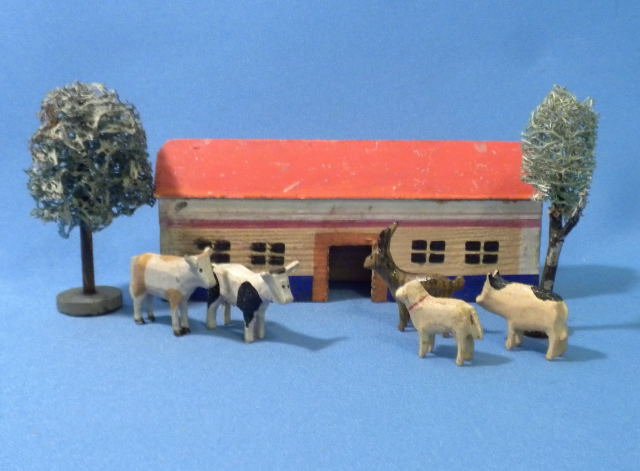 Antique German Erzgebirge Putz Handcrafted Wood Farm Barn Scene Animals ...