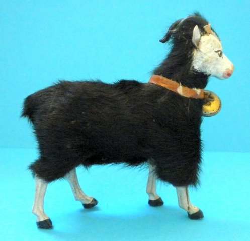 Antique Putz German Sheep Ram Real Black Fur Hide Horns Wood Stick Legs ...