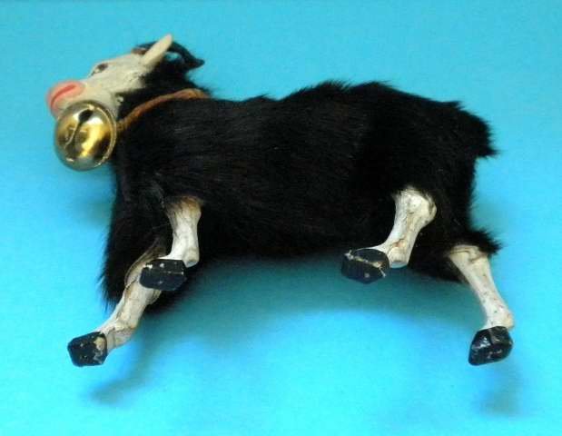 Antique Putz German Sheep Ram Real Black Fur Hide Horns Wood Stick Legs ...