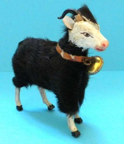 Antique Putz German Sheep Ram Real Black Fur Hide Horns Wood Stick Legs ...