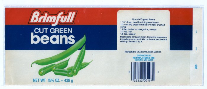 Brimfull Green Beans Can Label Red Owl Stores Hopkins MN