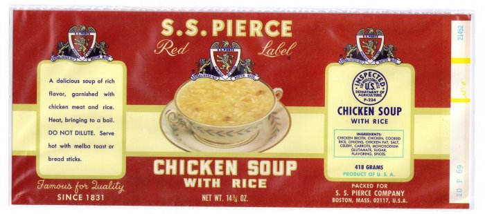 S.S. Pierce Chicken Soup with Rice Can Label Boston MA