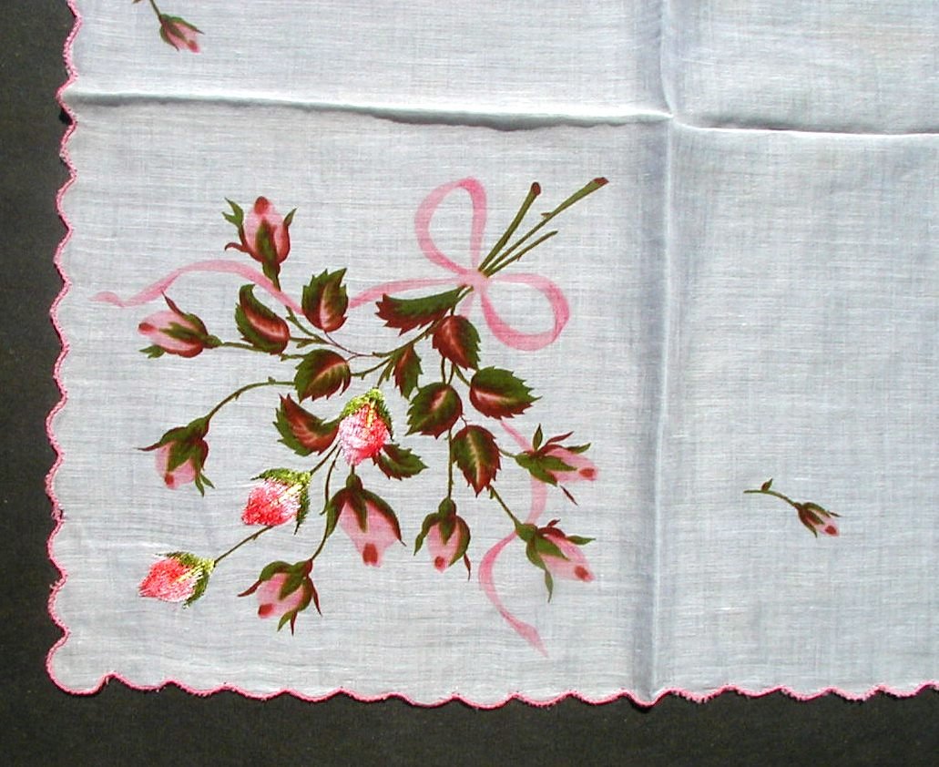 Vintage Hanky Embroidered and Printed Roses Handkerchief