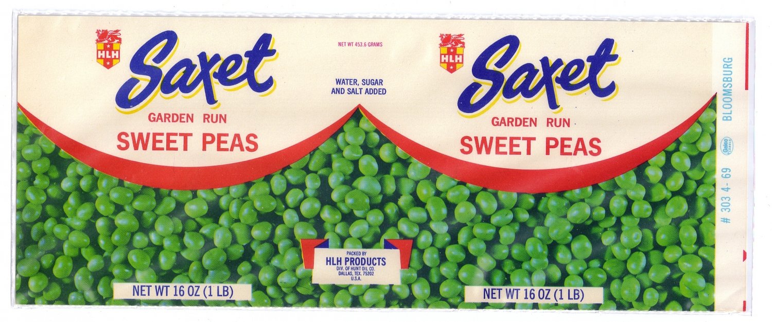 Vegetable Can Label Saxet Sweet Peas Can Label HRH products Dallas TX