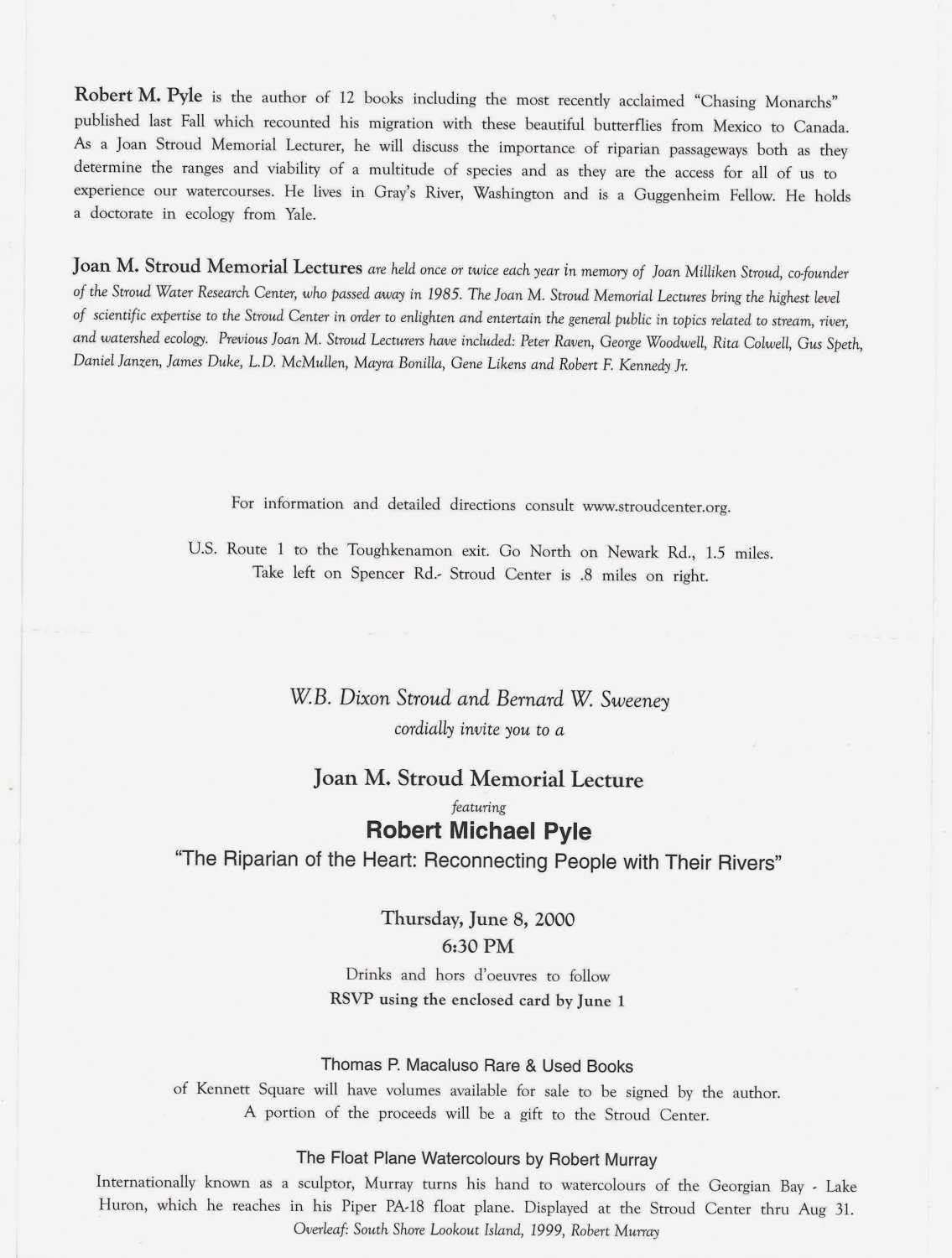 Chester County PA Stroud Center Invitation to Robert M. Pyle Lecture 2000