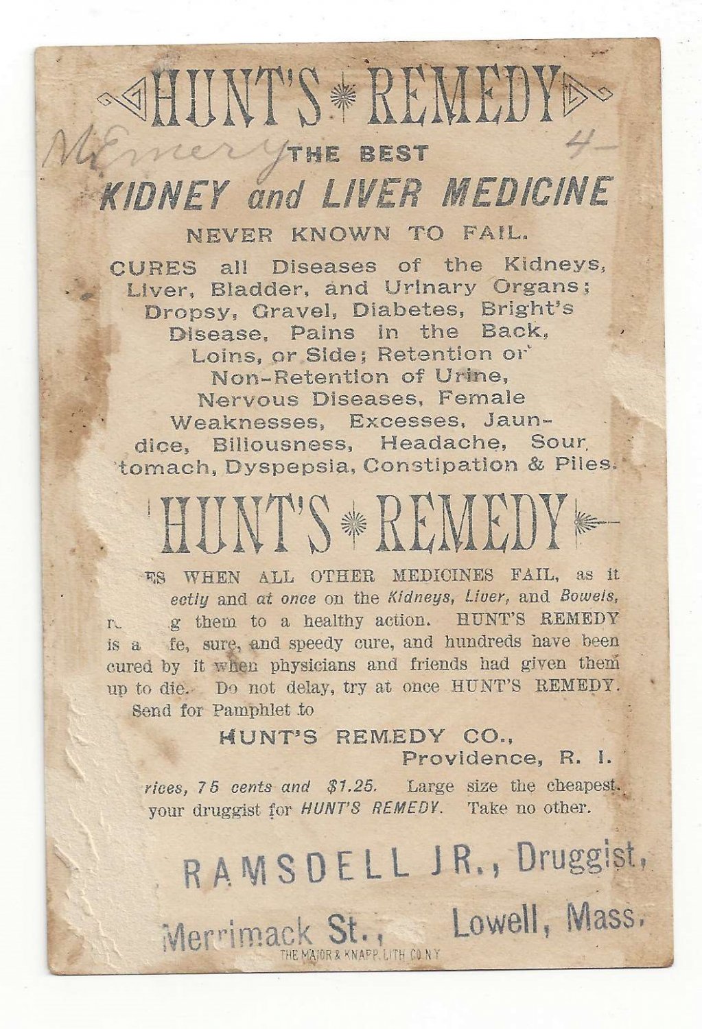 Victorian Trade Card Hunts Remedy Patent Medicine EL Ramsdell Druggist ...