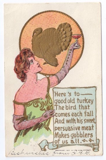 Vintage Thanksgiving Postcard Pretty Lady Turkey 1907