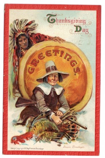 Vintage Thanksgiving Postcard Indian Pilgrim Turky AS Brundage 1911 Gabriel