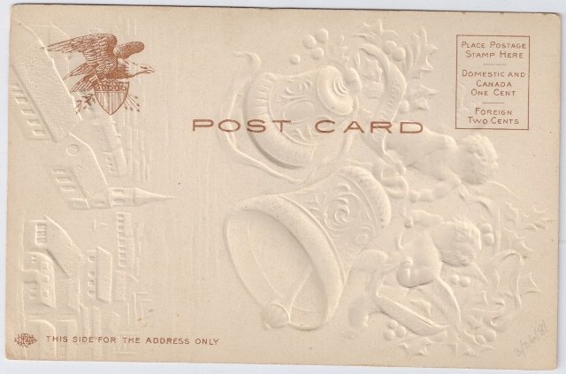 Cherubs Bells Gold P. Sander Embossed Vintage UND Christmas Postcard
