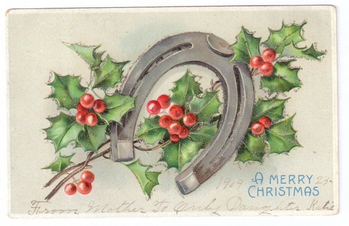Horseshoe Holly Light Glitter Embossed Vintage Christmas Postcard