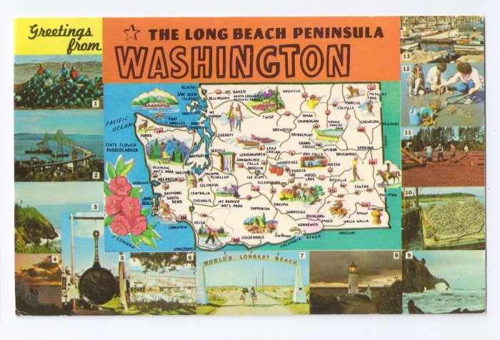Greetings from Washington Map Postcard WA Long Beach Peninsula