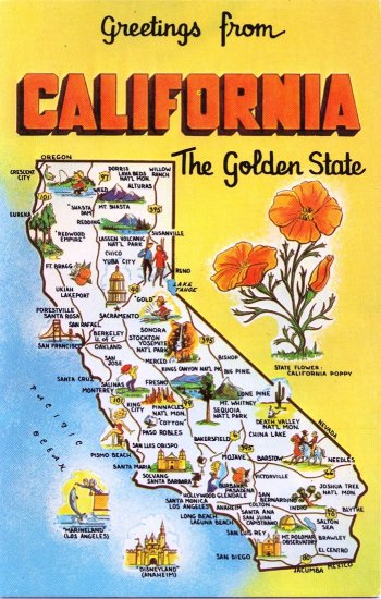 Greetings from California Map Postcard CA Dexter Chrome