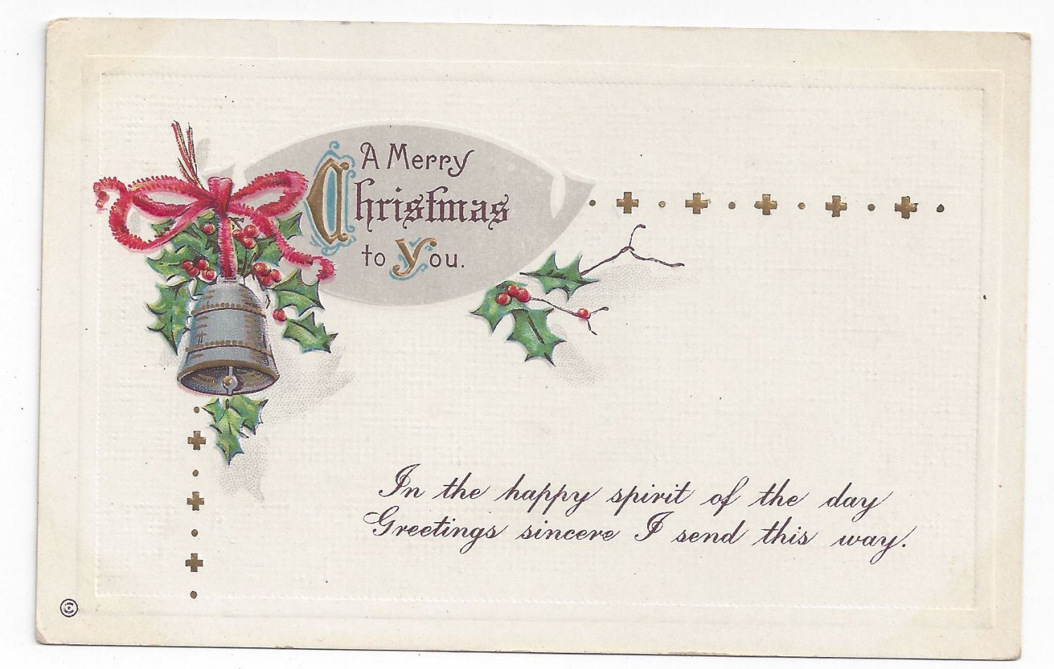 Christmas Postcard Embossed Bell Holly Gilded Vintage ca 1913