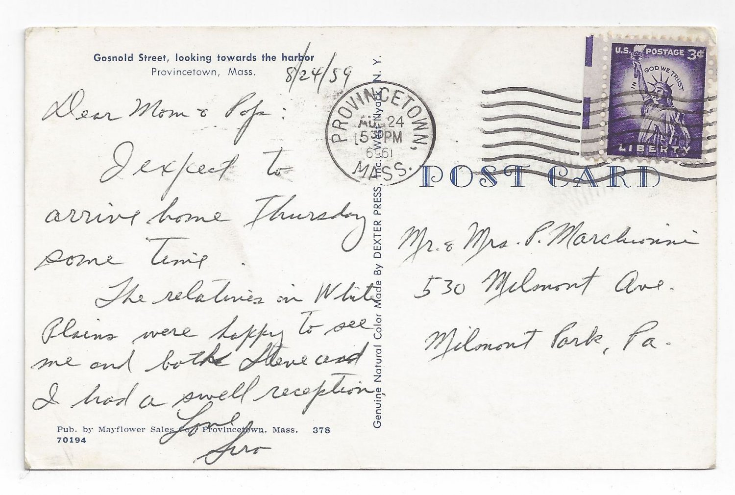 MA Provincetown Gosnold Street Vintage 1959 Postcard
