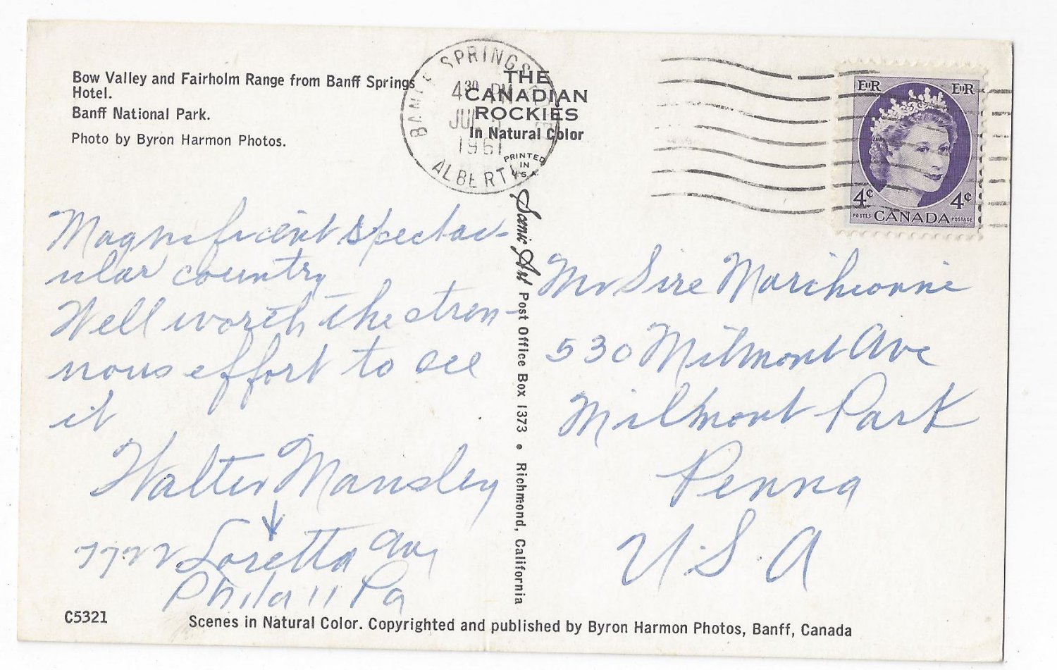 Canada Banff National Park Bow Valley Fairholm Range Vintage 1961 Postcard