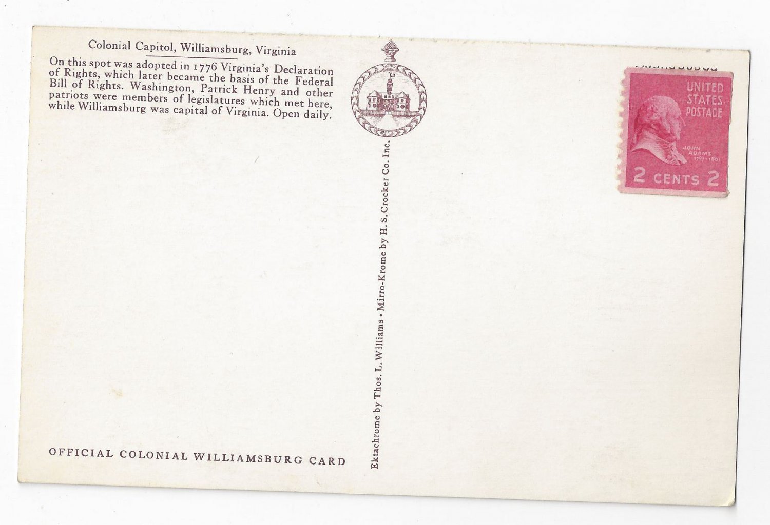 VA Williamsburg Colonial Capitol Vintage Postcard