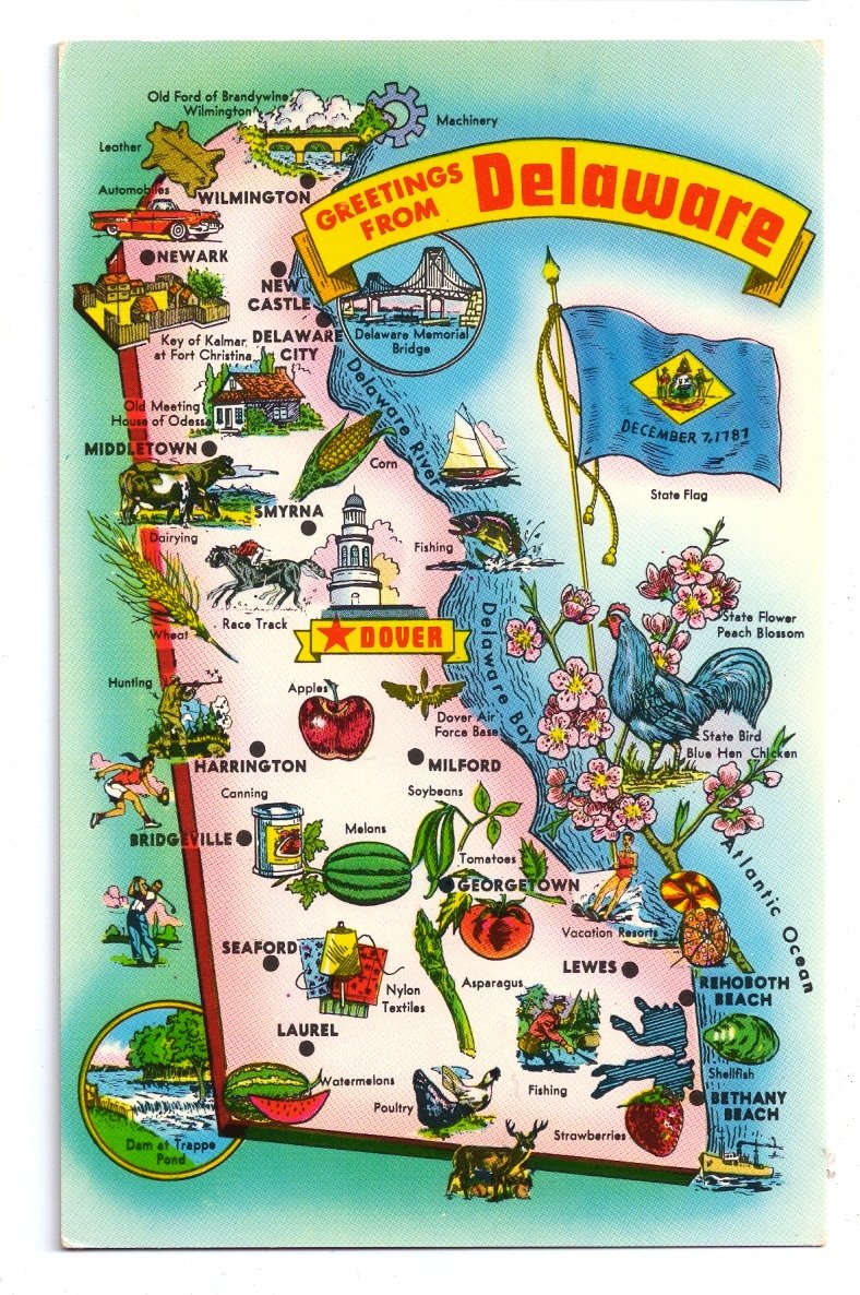 Greetings Delaware State Map Cities Attractions Industry Vtg Postcard