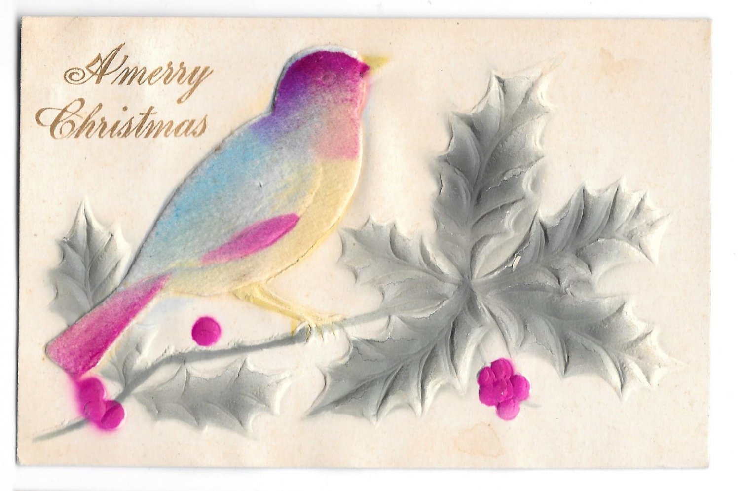 Merry Christmas Applied Felt Bird Vintage Embossed Novelty Postcard