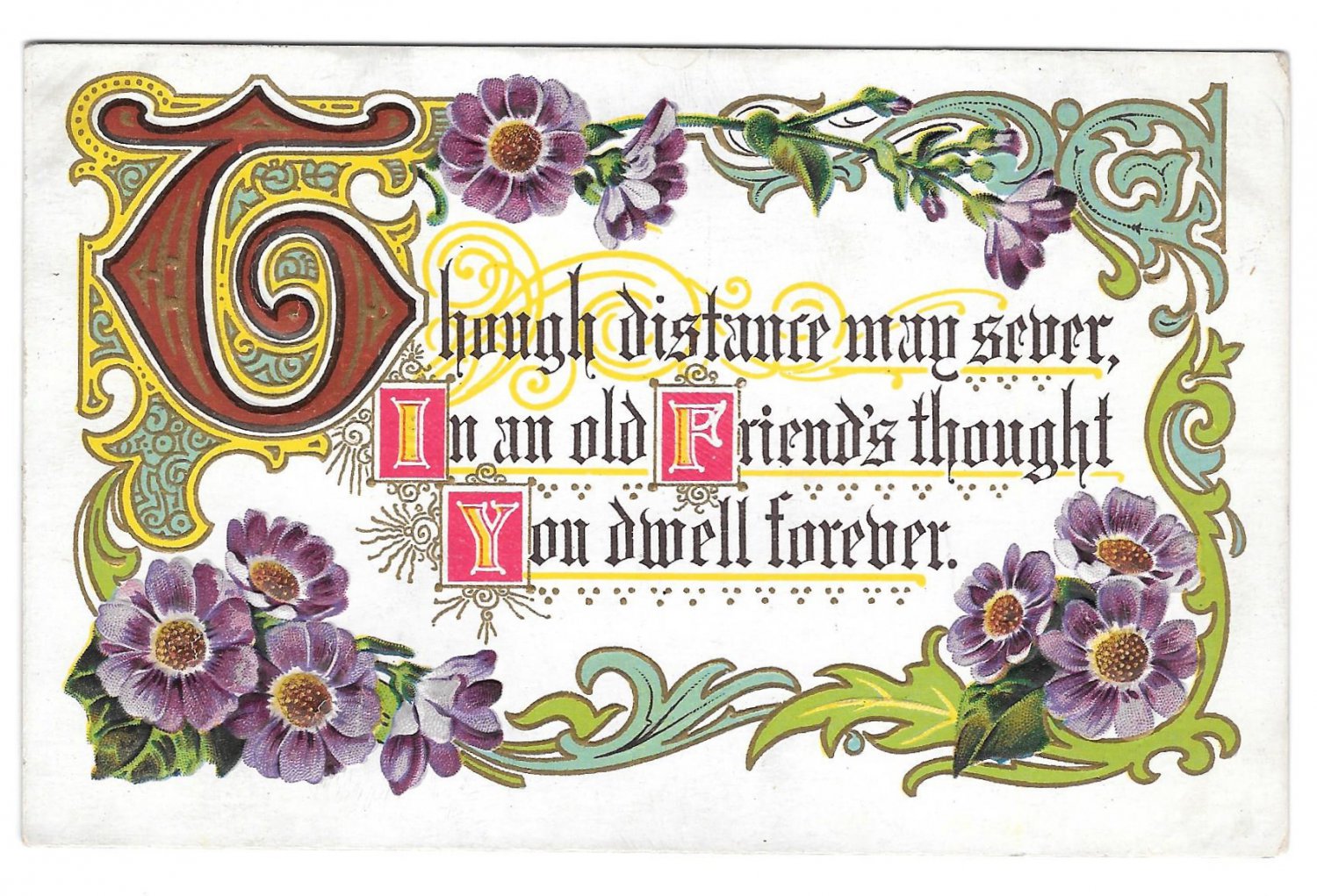 Friendship Motto Postcard Illuminated Letters Embossed Gold Trim
