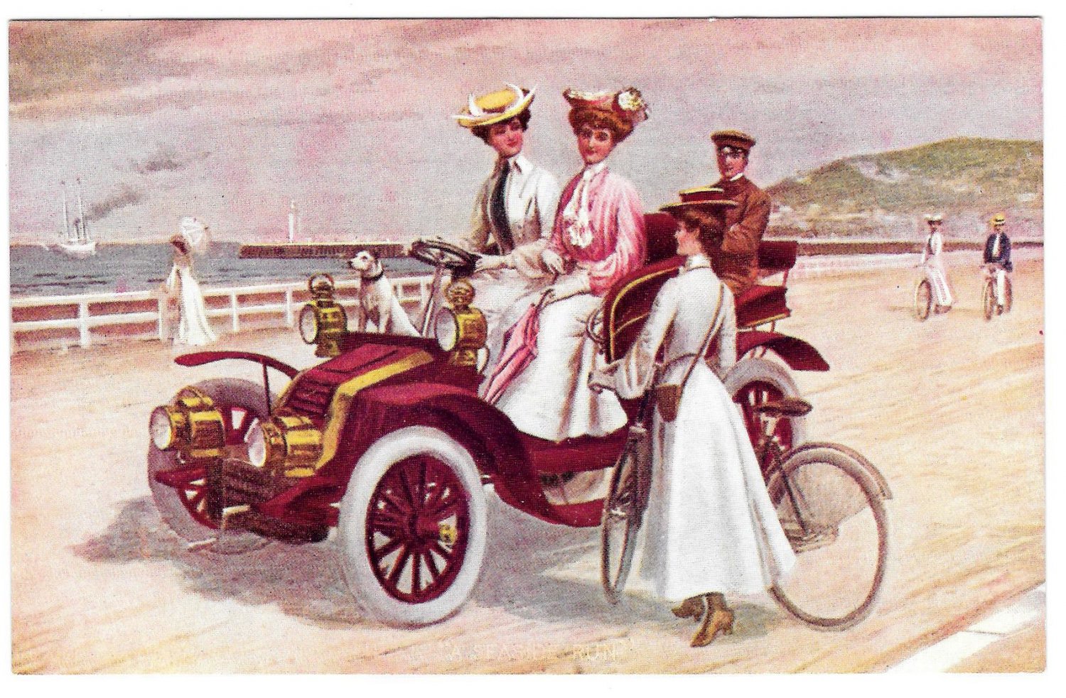 Edwardian Women Riding in Automobile A Seaside Run Vintage Postcard