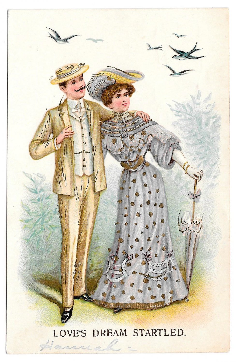 Romance Edwardian Couple Loves Dream Startled Vntg Postcard 1907