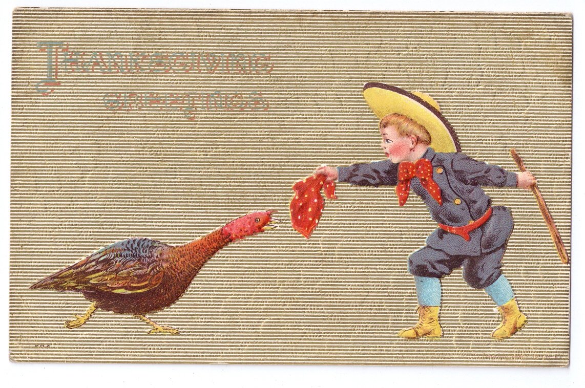 Thanksgiving Boy Teases Turkey with Red Kerchief Vintage Gold Moire ...