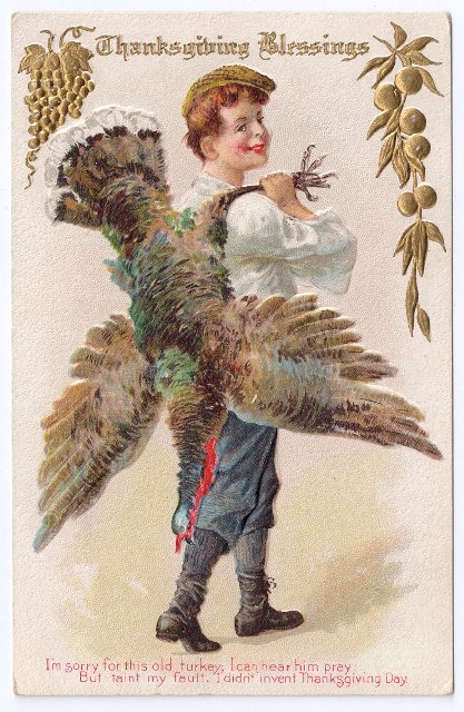 Thanksgiving Boy Carrying Turkey Over Shoulder Vintage Embossed Gold ...