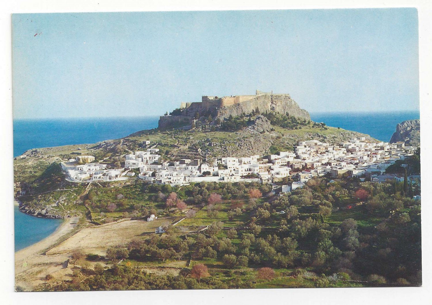 Greece Rhodes Lindos Modern City under Acropolis 4X6 Vintage Postcard