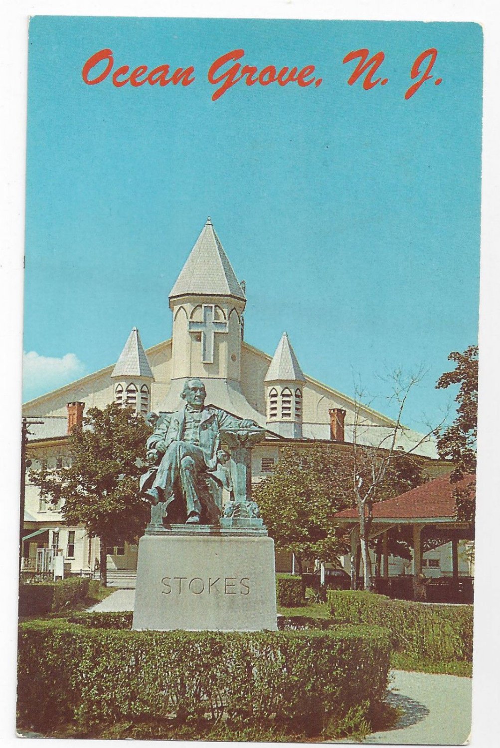 NJ Ocean Grove New Jersey Auditorium and Stokes Monument Vintage Postcard