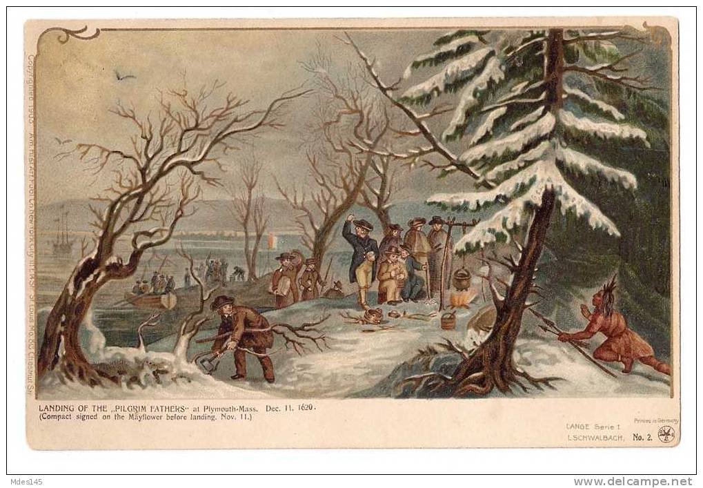 Patriotic Postcard Colonial Heroes #2 Pilgrim Fathers Landing Lange ...